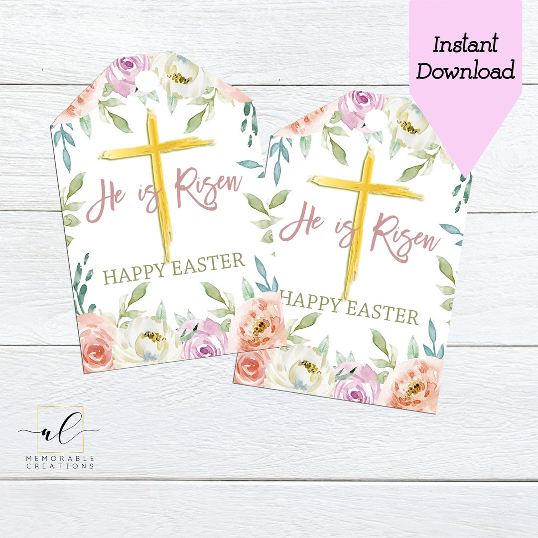 Religious Easter Tags, Printable Easter Tags, He is Risen, Cross Easter ...