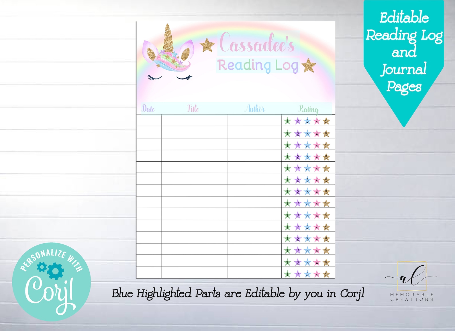 Editable Unicorn Reading Log Edit Yourself Unicorn Reading | Etsy