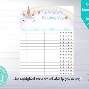 Editable Unicorn Reading Log, Edit Yourself Unicorn Reading Journal ...