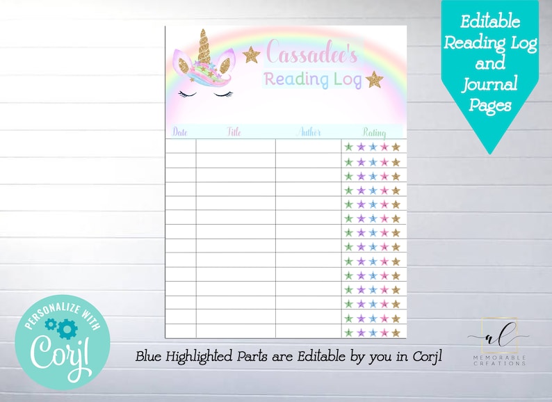 Editable Unicorn Reading Log Edit Yourself Unicorn Reading | Etsy