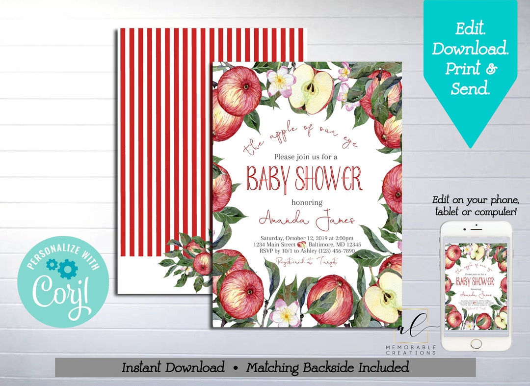 Apple Baby Shower Printable Invitation, Edit Yourself Apple Baby Shower ...