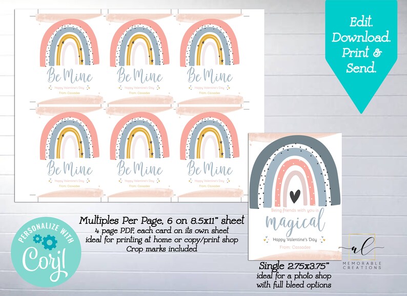 Rainbow Valentine Printable Cards Editable Boho Rainbow | Etsy