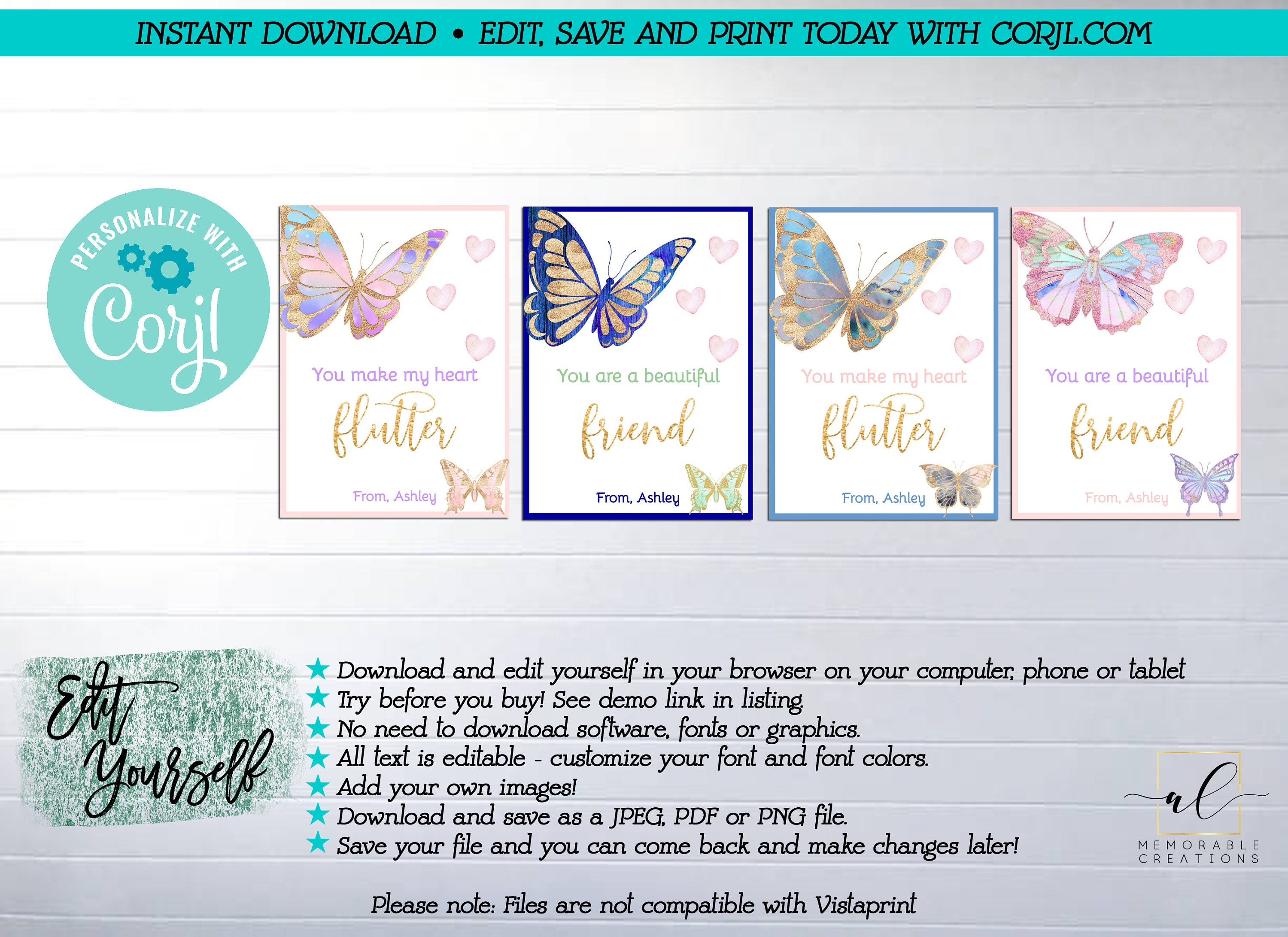 Butterfly Valentine Printable Cards Editable Butterfly - Etsy