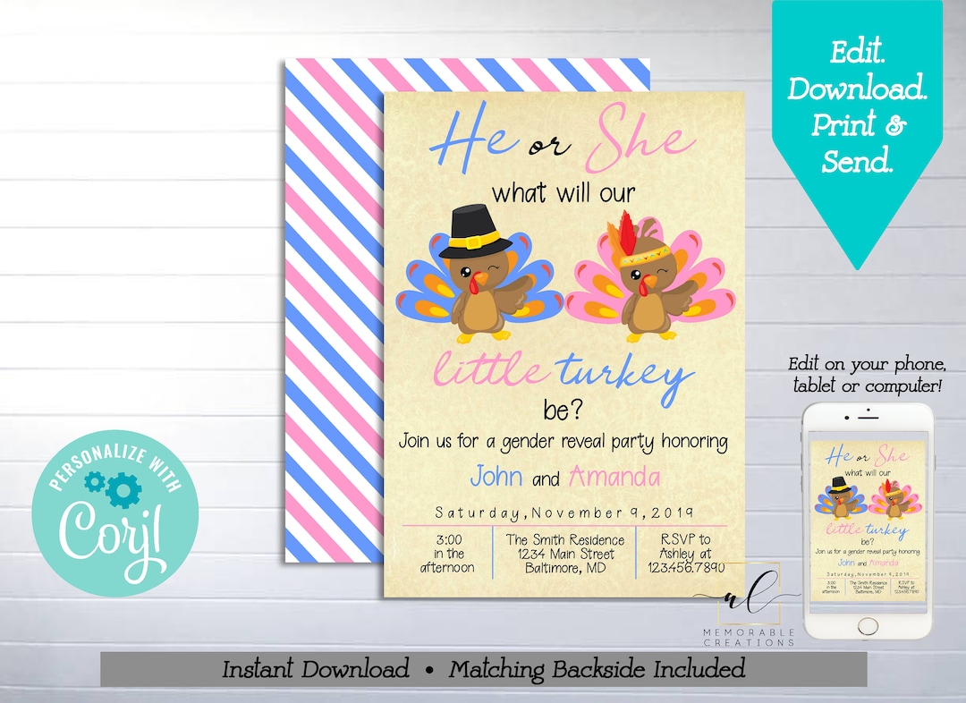 Turkey Gender Reveal Party Printable Invitation, Edit Yourself Turkey ...