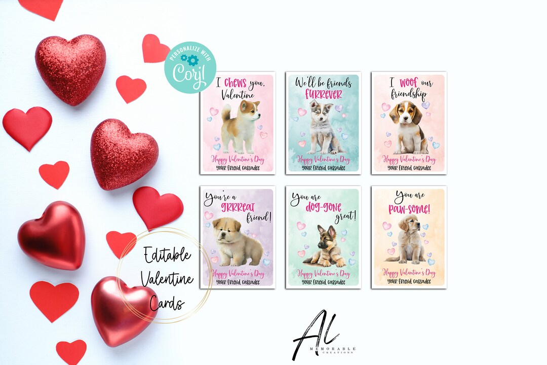 Dog Valentine Printable Cards, Editable Watercolor Puppy Valentine ...