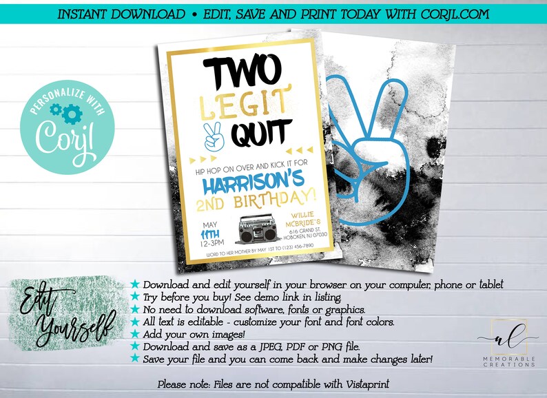 Two Legit 2 Quit Printable Invitation, Edit Yourself 2 Legit 2 Quit Boy ...