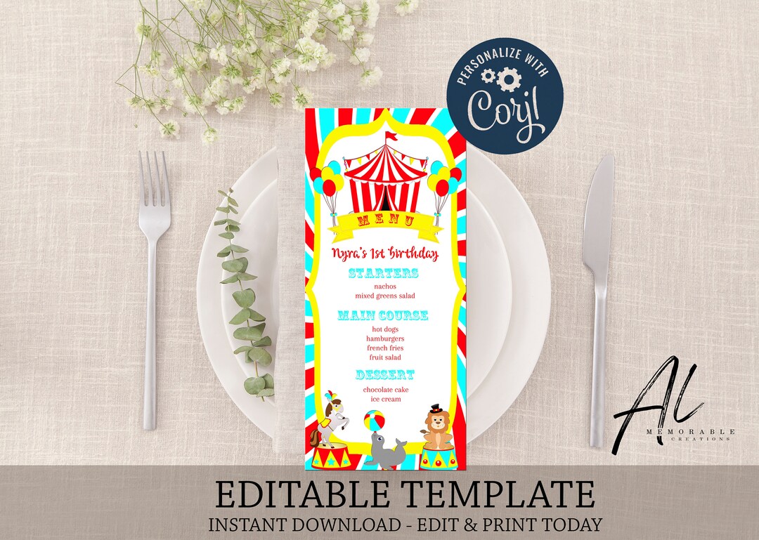 Circus Printable Menu, Editable Circus Menu Template, Instant Download ...