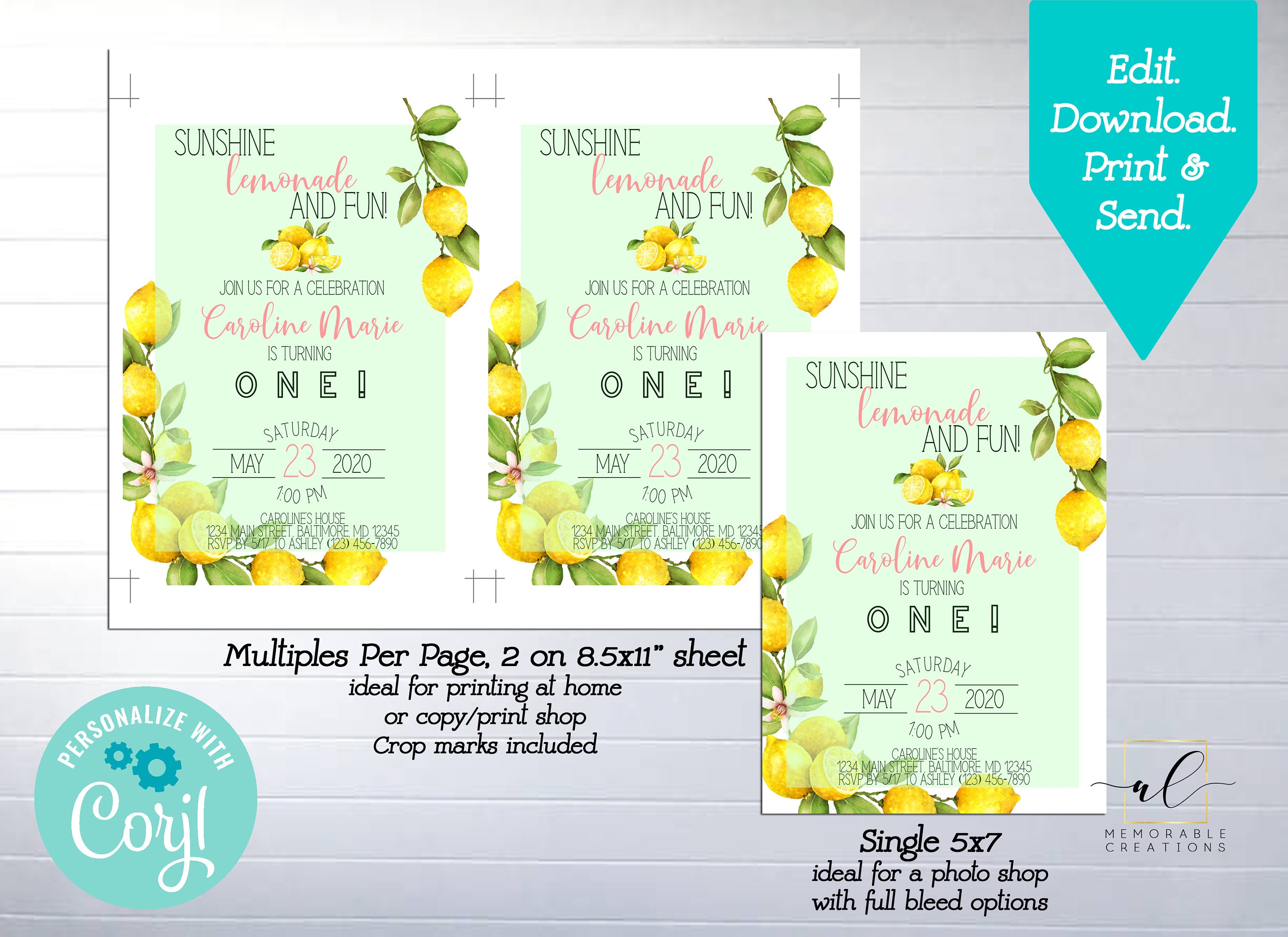 Lemon 1st Birthday Printable Invitation Edit Yourself Lemon - Etsy