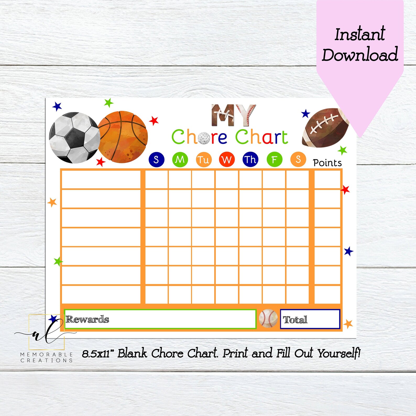 Sports Chore Chart Sports Reward Chart Instant Download - Etsy