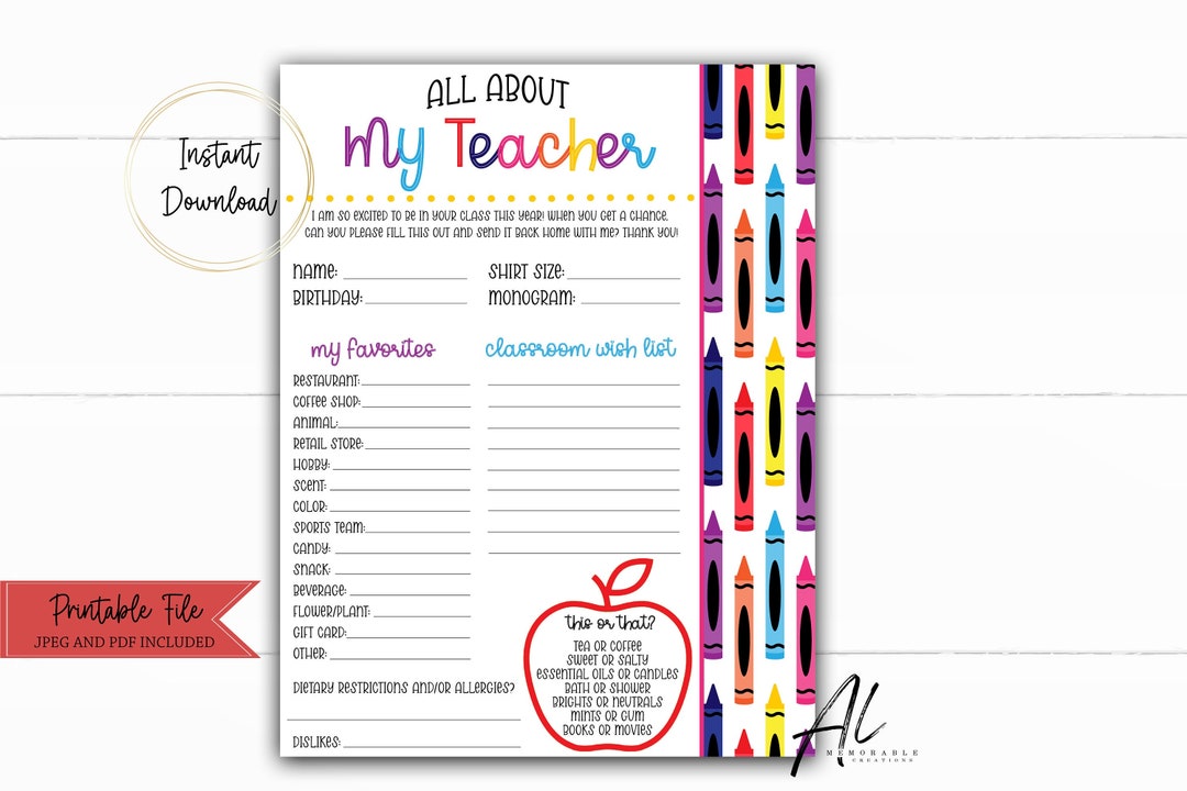 All About My Teacher Survey, Back to School Teacher Questionnaire ...