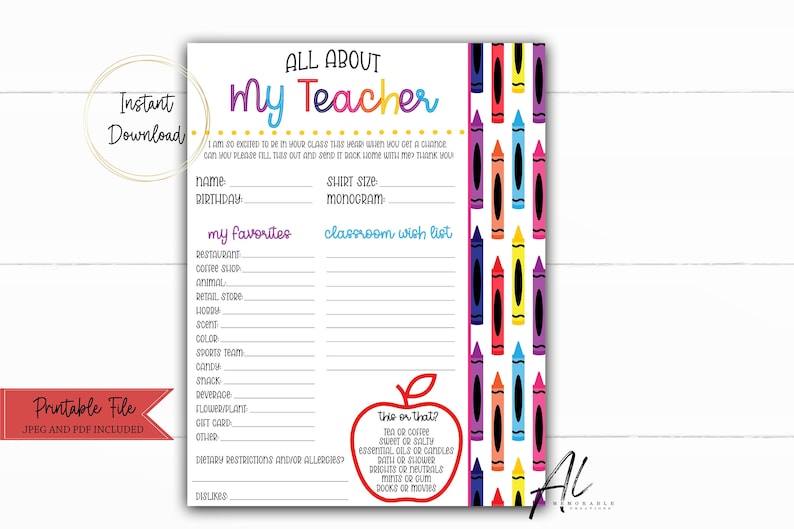 All About My Teacher Survey, Back to School Teacher Questionnaire ...
