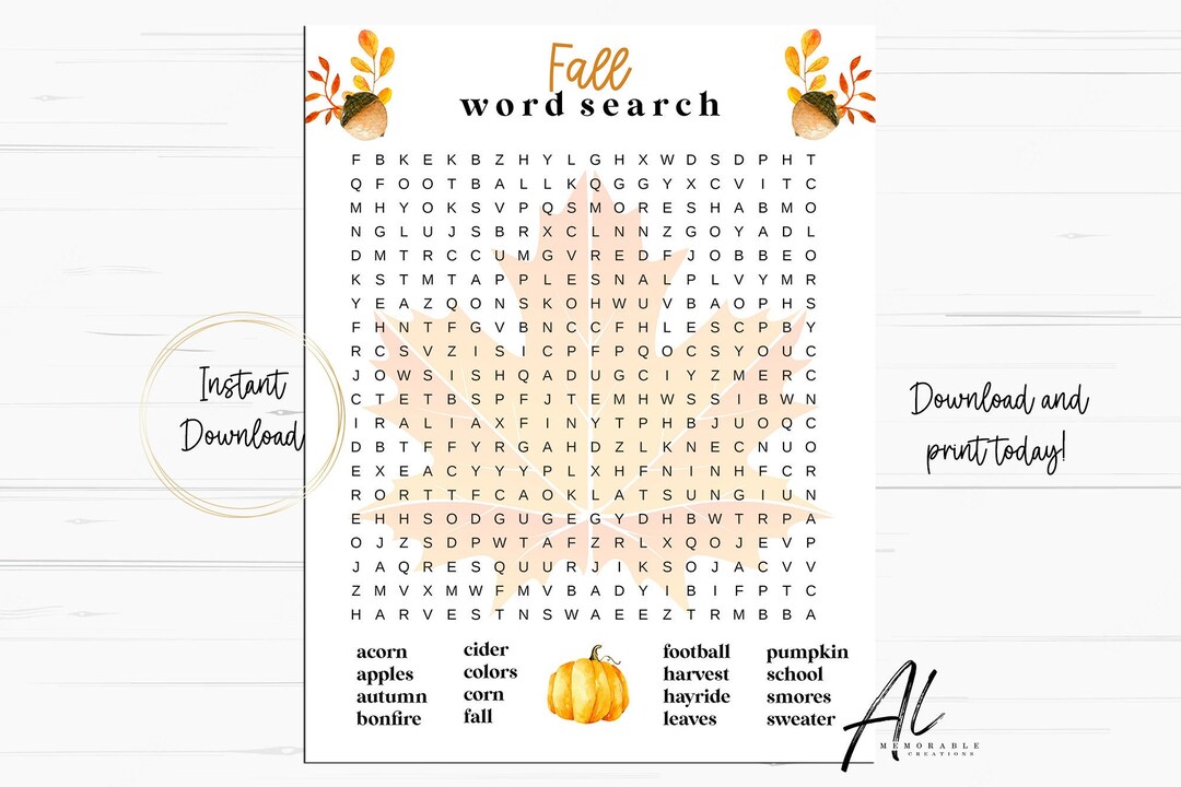 Fall Word Search, Kids Fall Theme Printable Activity, Autumn Word ...