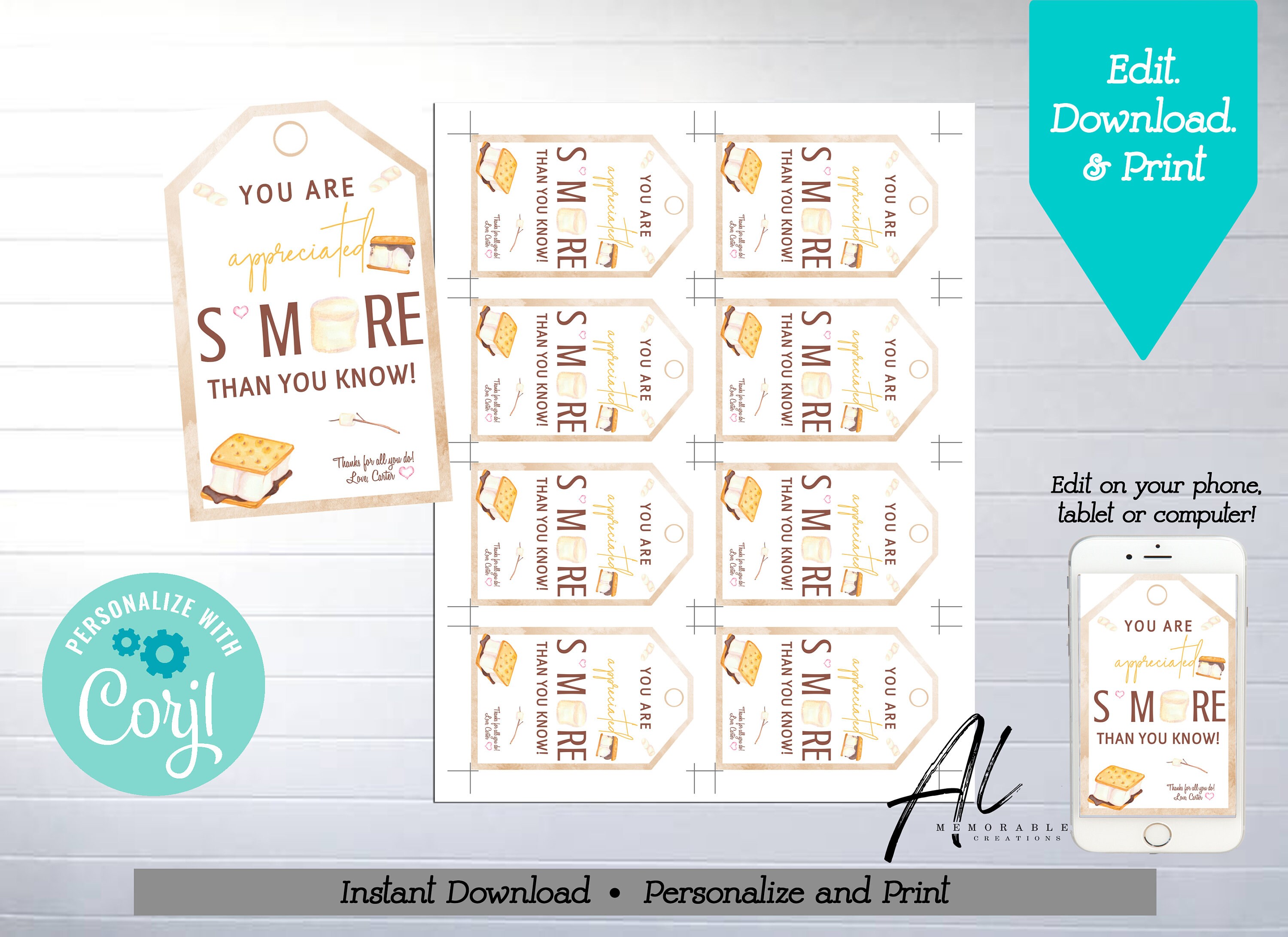 S'more Teacher Appreciation Printable Gift Tag Editable - Etsy