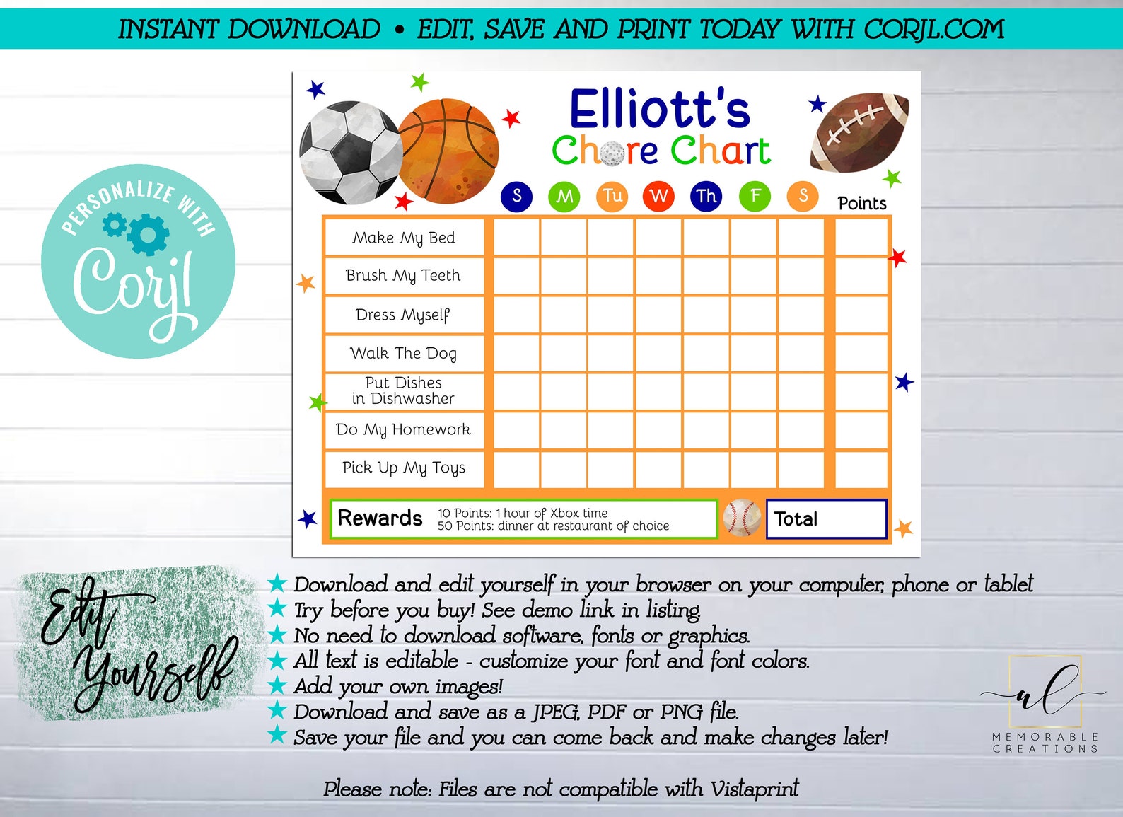 Editable Sports Chore Chart, Edit Yourself Sports Reward Chart, Instant ...