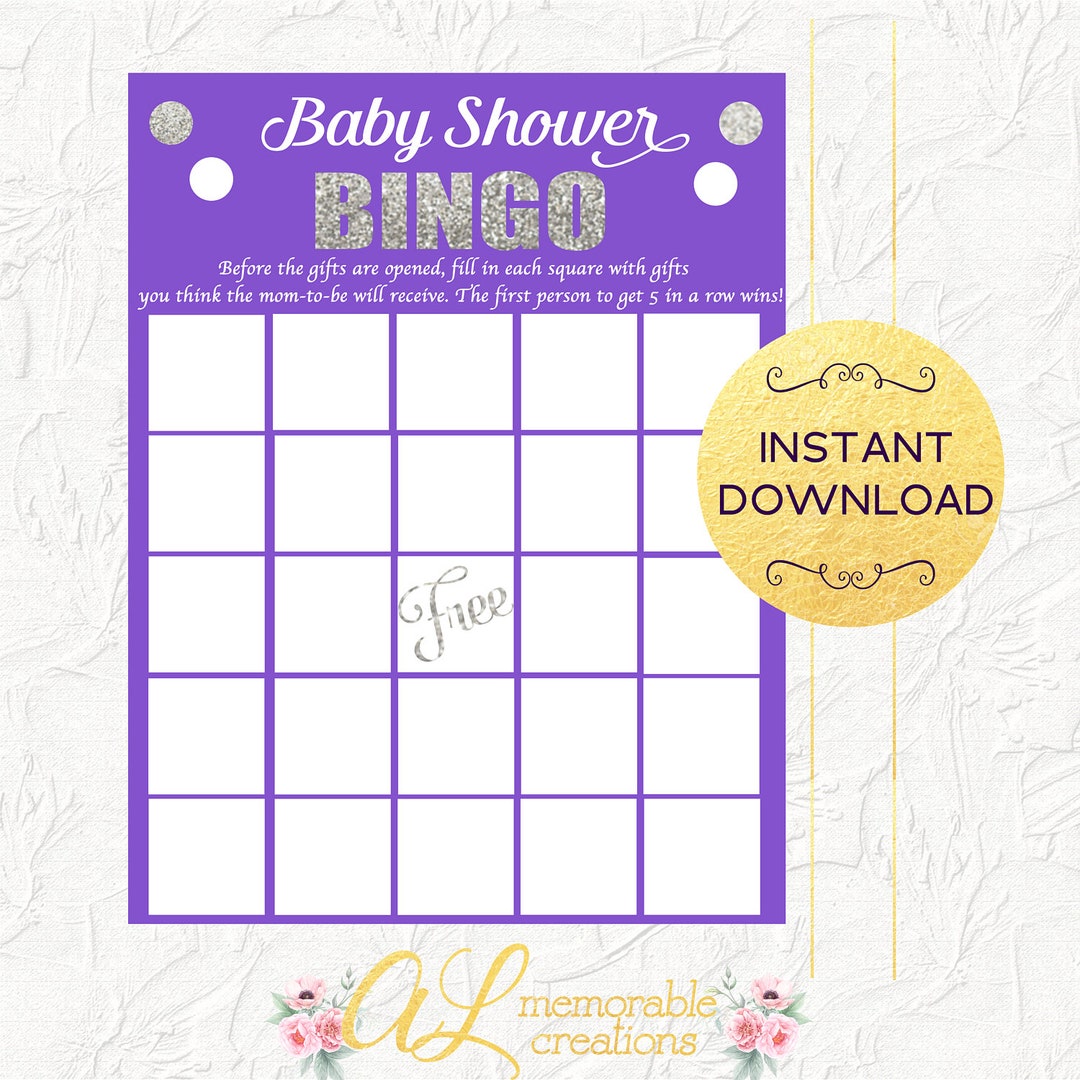 Purple Baby Shower Bingo, Purple and Silver Baby Shower, Silver Glitter ...