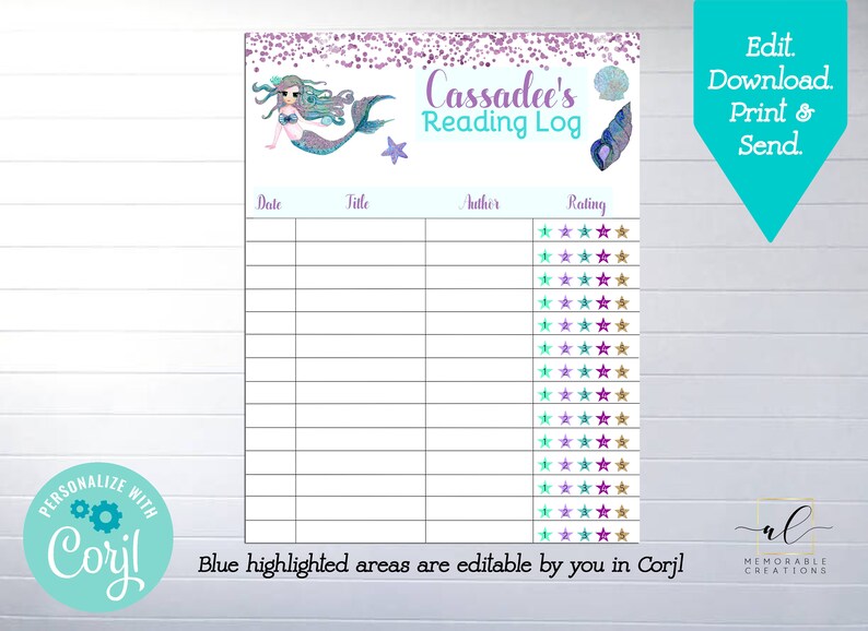 Editable Mermaid Reading Log, Edit Yourself Mermaid Reading Journal ...
