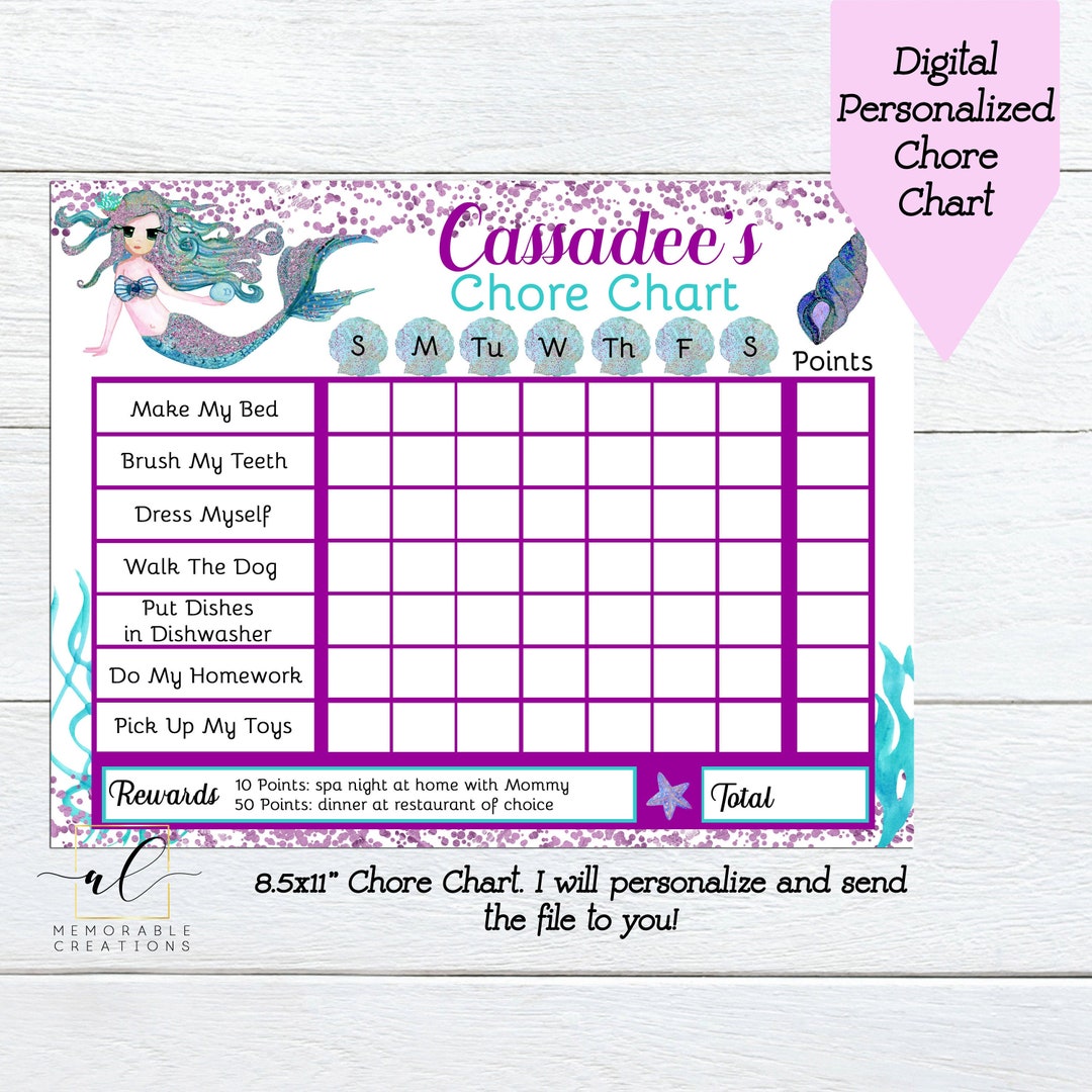 Personalized Mermaid Chore Chart, Mermaid Reward Chart, Chore Chart ...