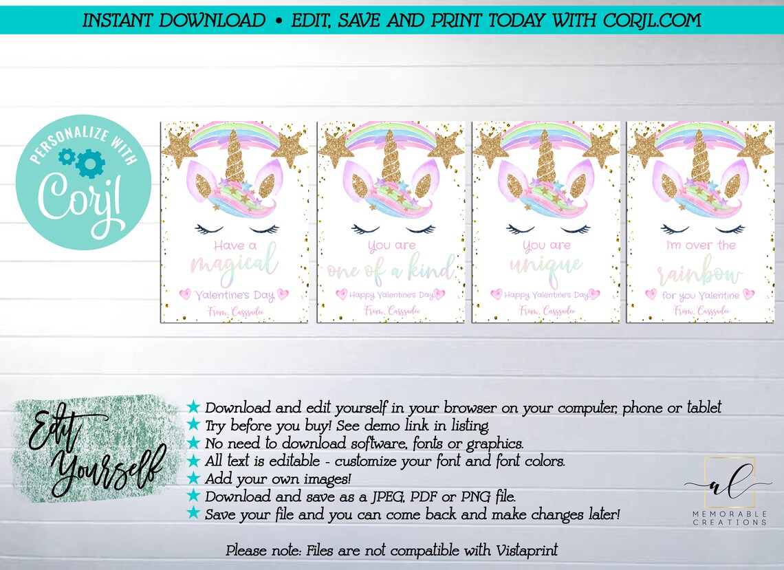 Unicorn Valentine Printable Cards Editable Unicorn - Etsy