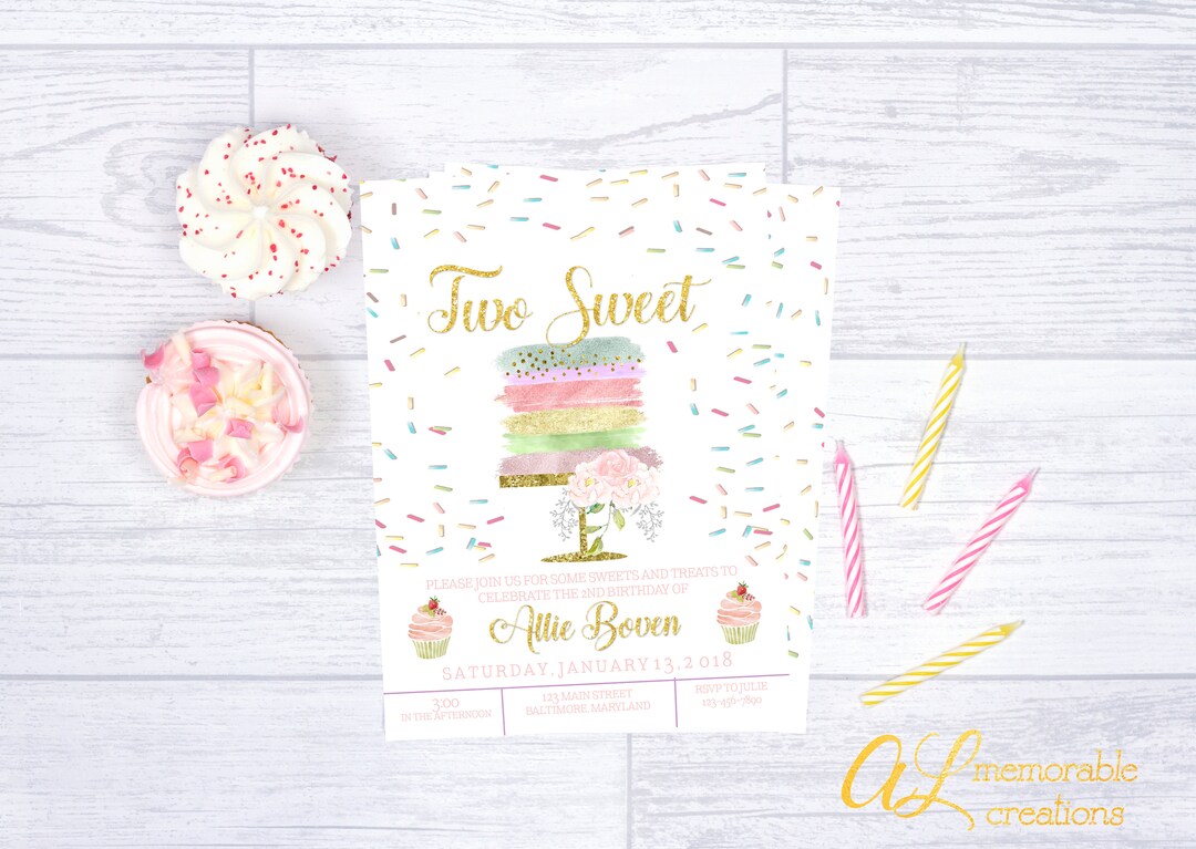 Two Sweet Invitation, Birthday Cake Invitation, Sprinkle Birthday ...