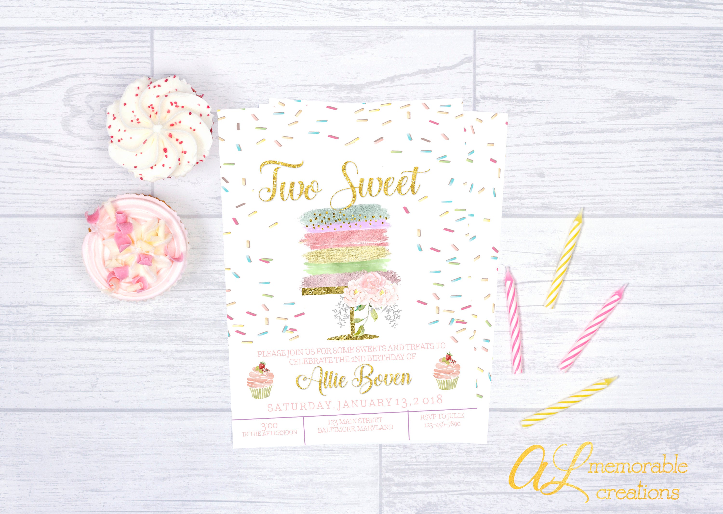 Two Sweet Invitation Birthday Cake Invitation Sprinkle | Etsy