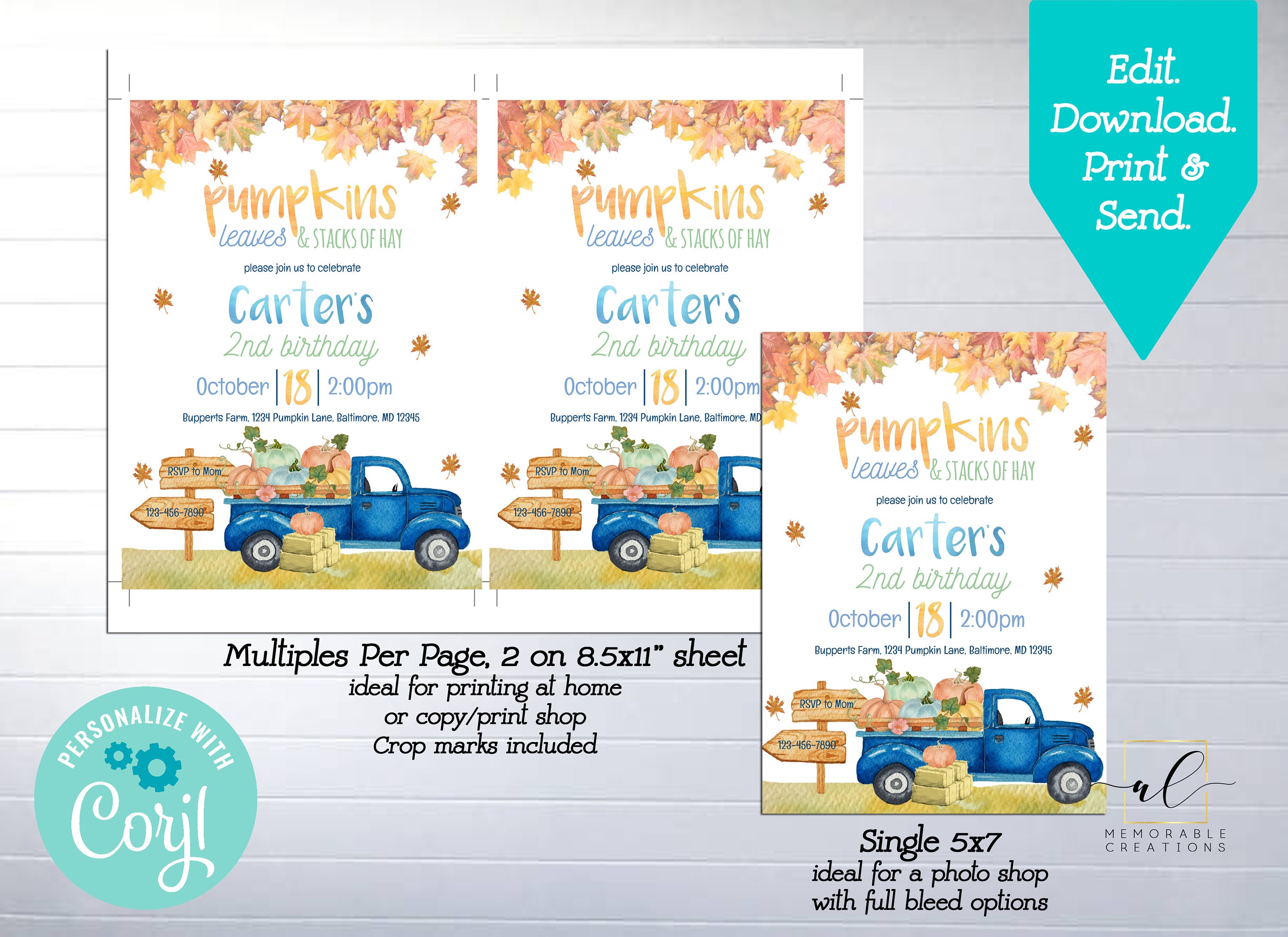 Blue Pumpkin Truck Birthday Printable Invitation Edit - Etsy
