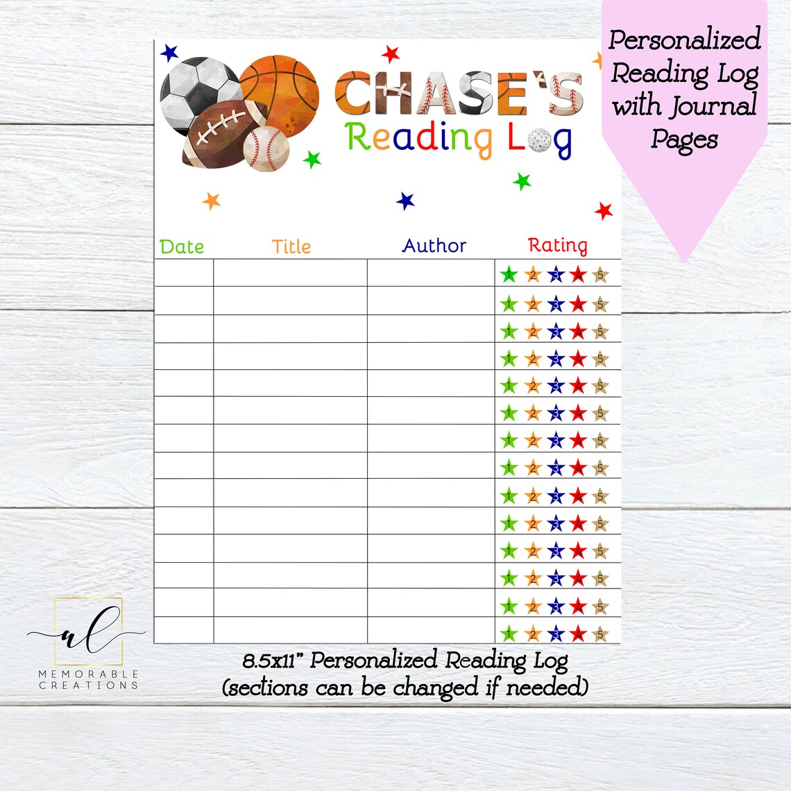 Personalized Sports Reading Log, Sports Reading Journal, Reading Log ...