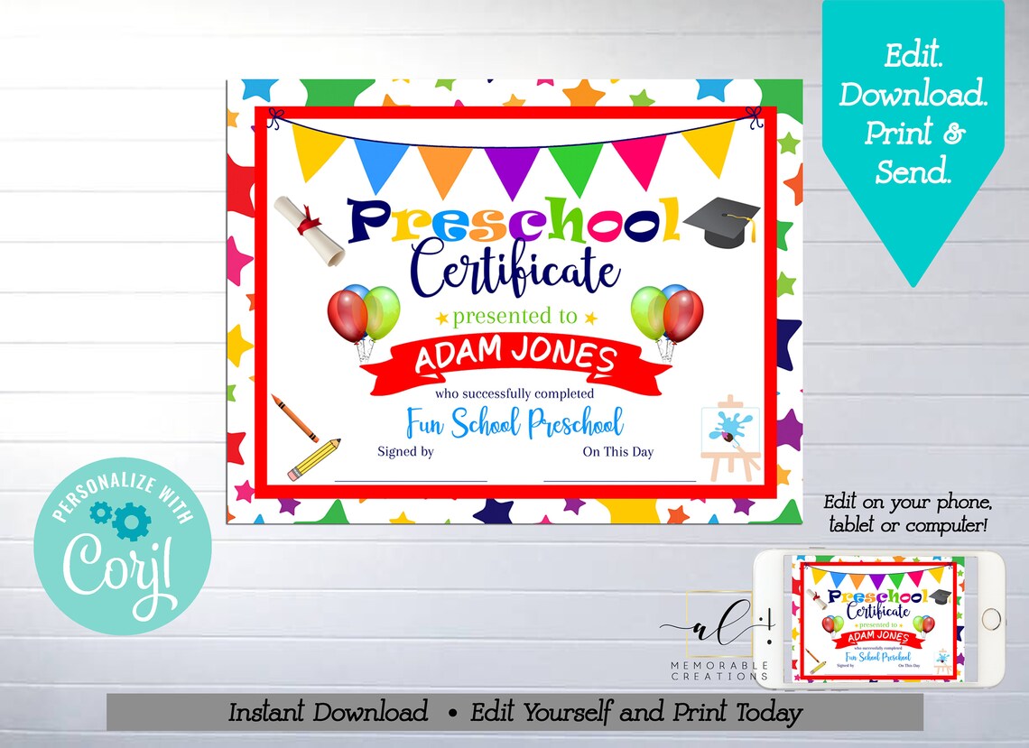 Preschool Graduation Certificate Editable, Edit Yourself Preschool ...