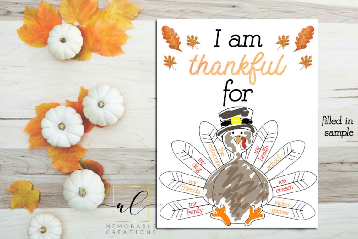 I Am Thankful for Turkey Printable Kids Thanksgiving - Etsy