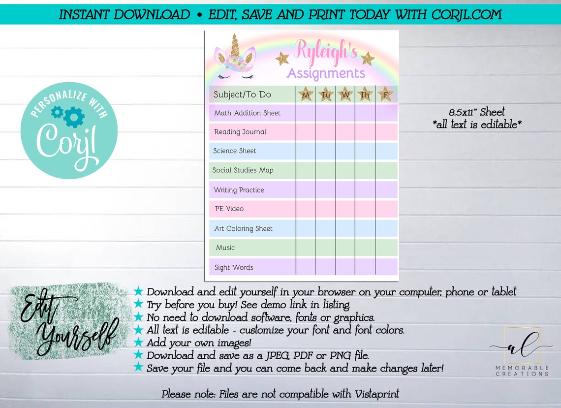 Editable Unicorn Assignment Tracker Edit Yourself Homework to - Etsy