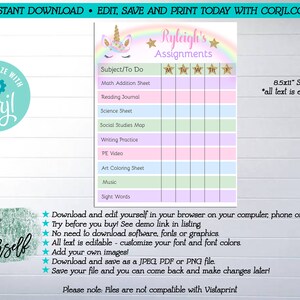 Editable Unicorn Assignment Tracker, Edit Yourself Homework to Do List ...
