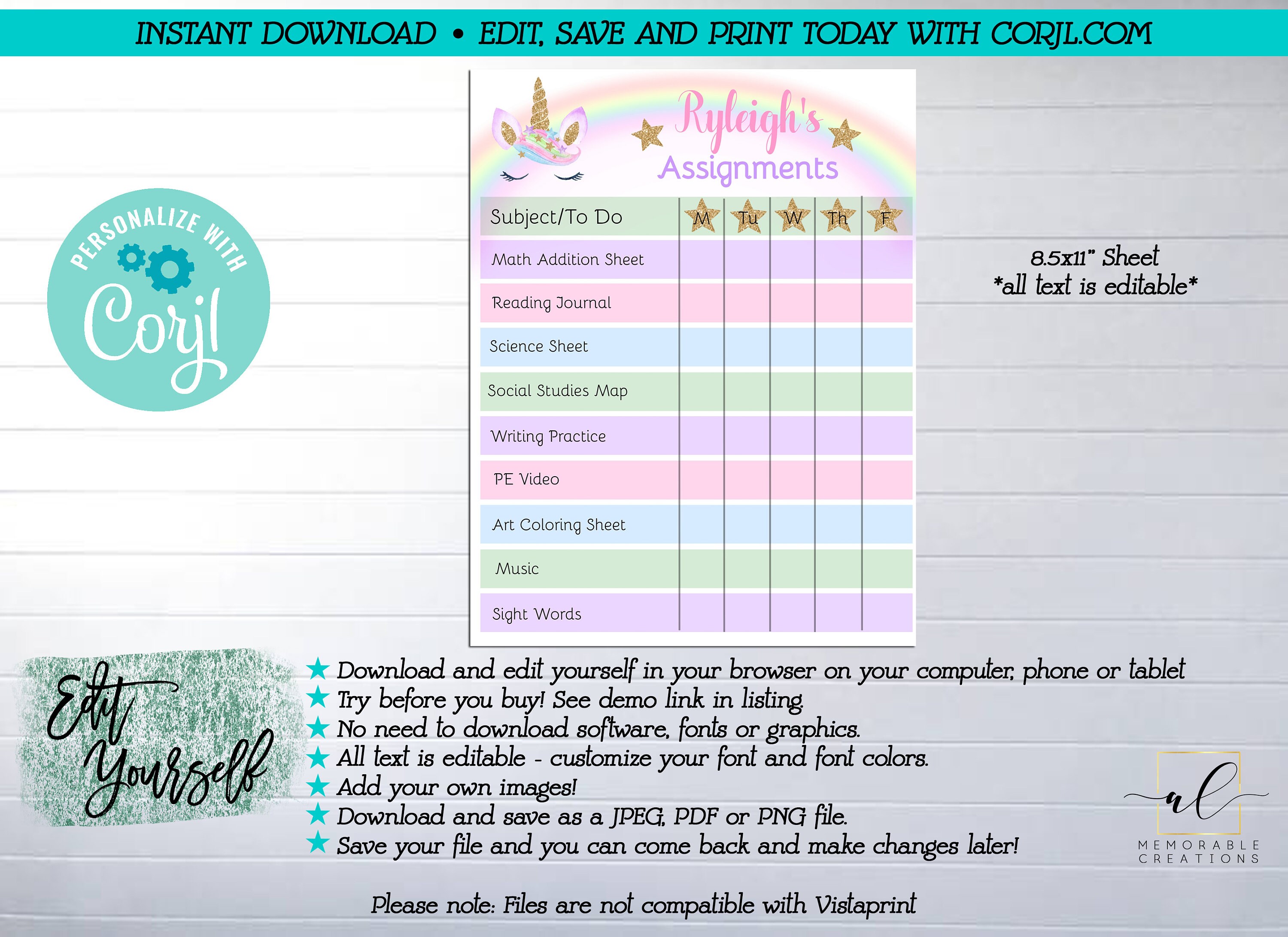 Editable Unicorn Assignment Tracker Edit Yourself Homework to - Etsy