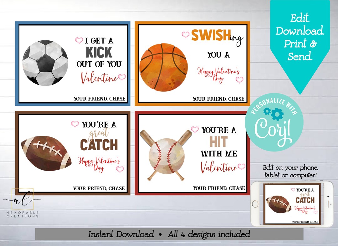 Sports Valentine Printable Cards, Editable Sports Balls Valentines ...