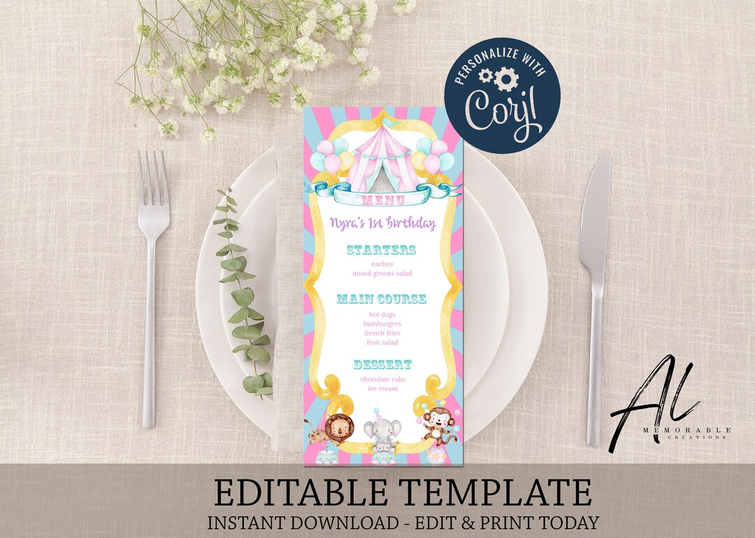 Circus Printable Menu, Editable Circus Menu Template, Instant Download ...
