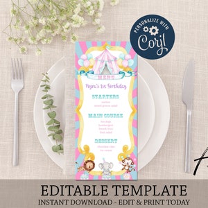 Circus Printable Menu, Editable Circus Menu Template, Instant Download ...