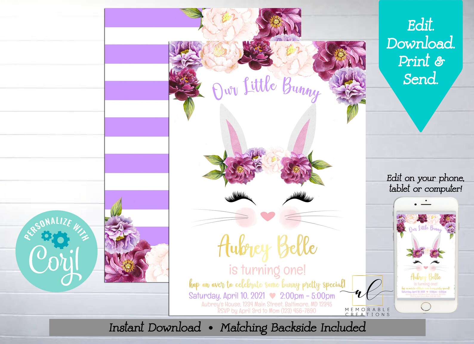 Bunny Birthday Printable Invitation Edit Yourself Some Bunny - Etsy