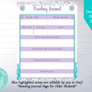 Editable Mermaid Reading Log, Edit Yourself Mermaid Reading Journal ...