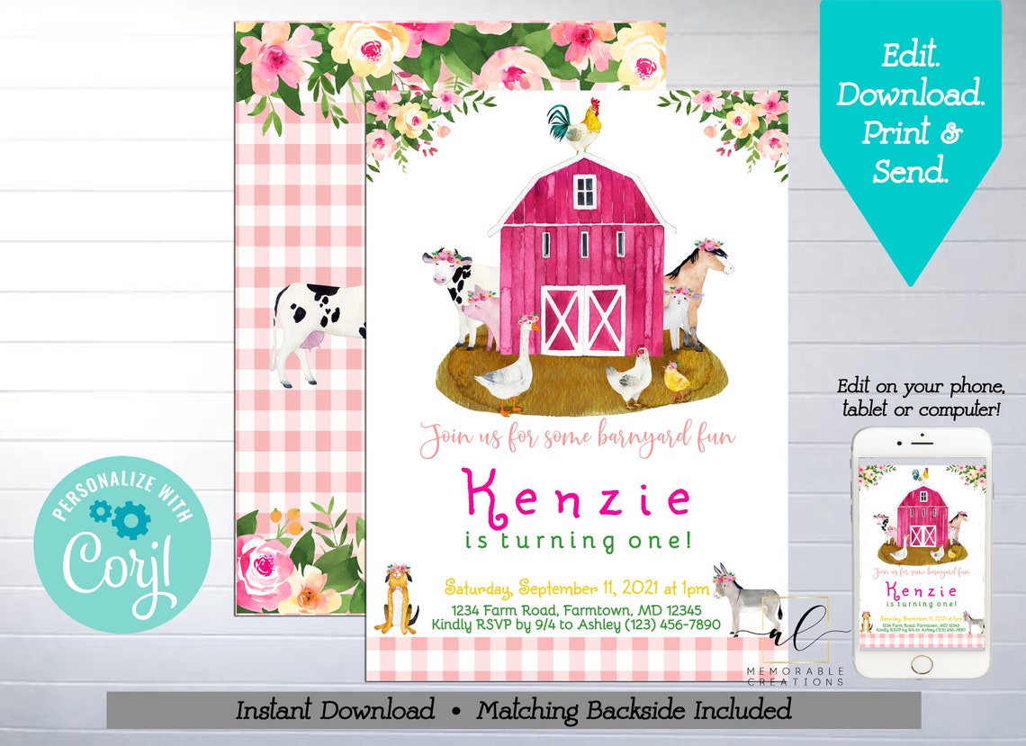 Girl Farm Birthday Printable Invitation, Edit Yourself Pink Farm 1st ...