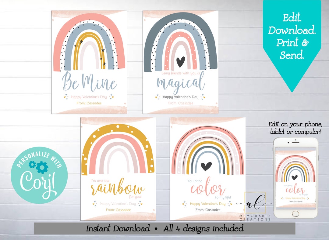 Rainbow Valentine Printable Cards, Editable Boho Rainbow Valentine ...