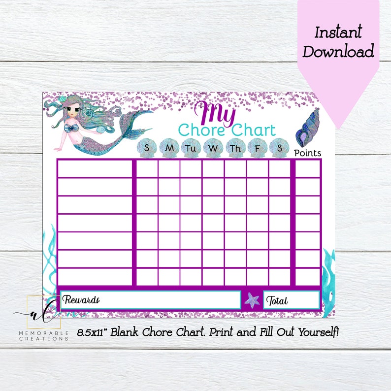 Mermaid Chore Chart, Mermaid Reward Chart, Instant Download Chore Chart ...