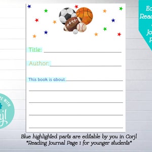 Editable Sports Reading Log, Edit Yourself Sports Reading Journal ...