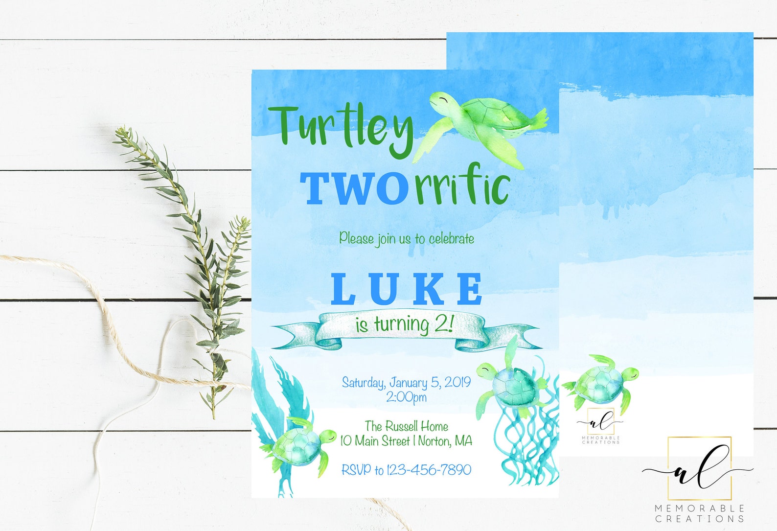 Turtle Birthday Invitation, Watercolor Turtle Invite, Turtley Tworrific ...