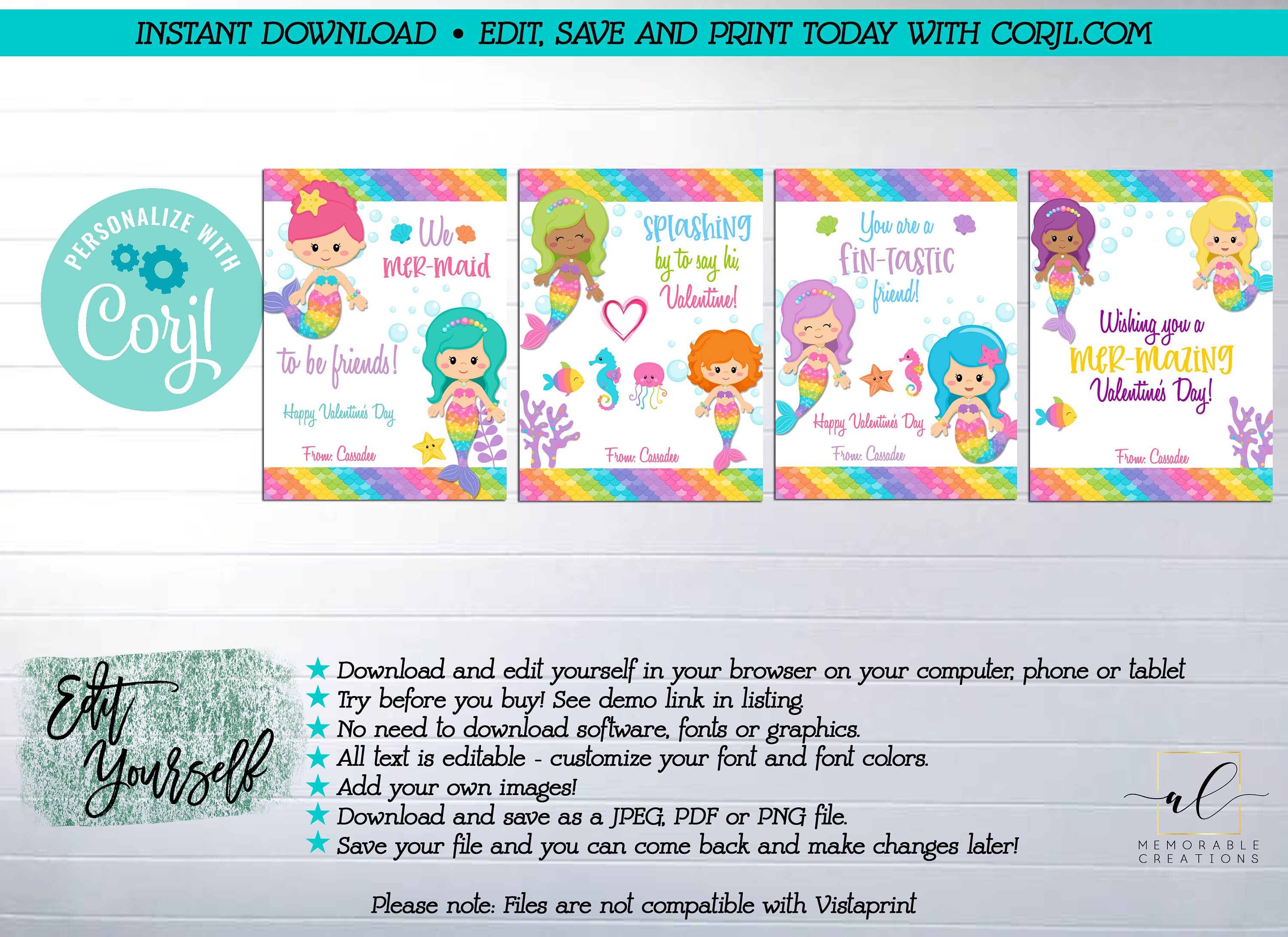 Mermaid Valentine Printable Cards Editable Mermaid - Etsy