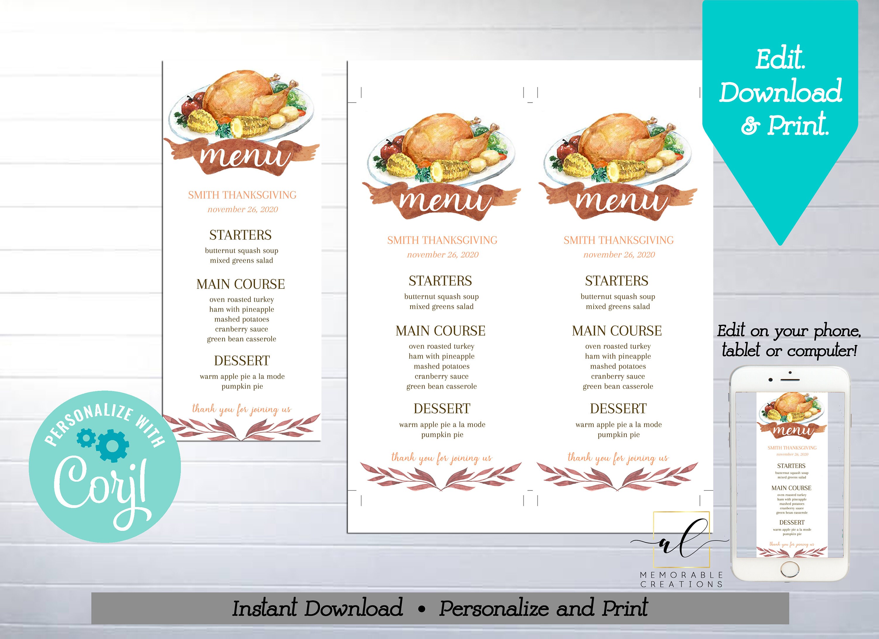 Thanksgiving Printable Menu Edit Yourself Turkey Dinner | Etsy