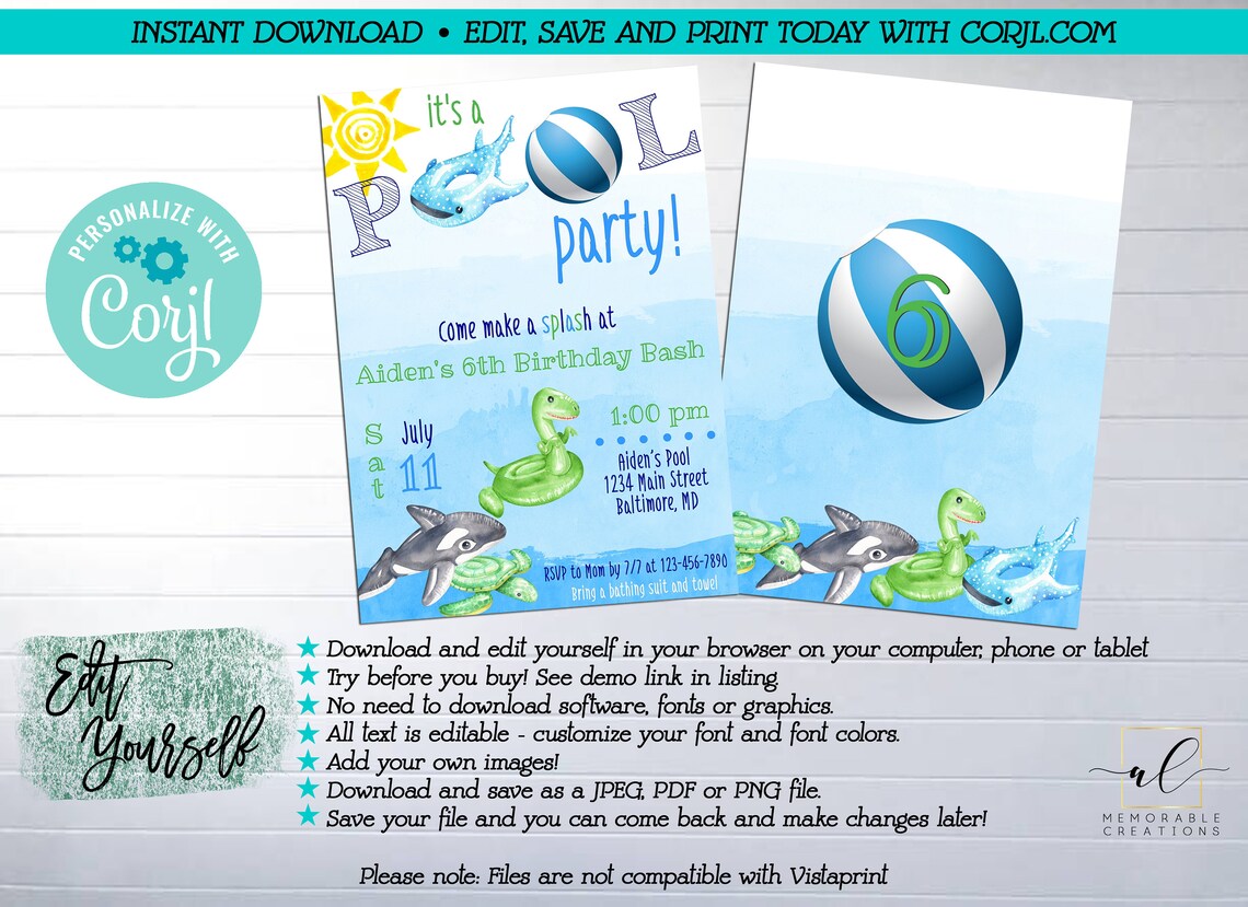 Boy Pool Party Birthday Printable Invitation Edit Yourself - Etsy