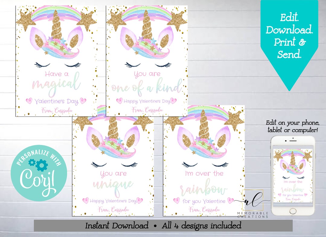 Unicorn Valentine Printable Cards, Editable Unicorn Valentines, Instant ...