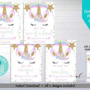 Unicorn Valentine Printable Cards, Editable Unicorn Valentines, Instant ...
