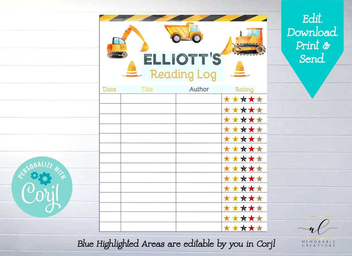 Editable Construction Reading Log Edit Yourself Bulldozer | Etsy