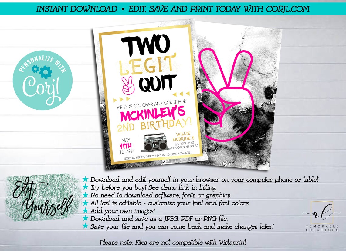 Two Legit 2 Quit Printable Invitation Edit Yourself 2 Legit 2 | Etsy