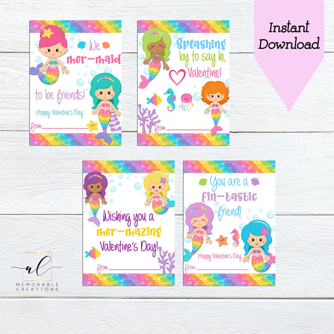 Mermaid Valentine Cards, Kids Valentine Cards, Printable Mermaid ...