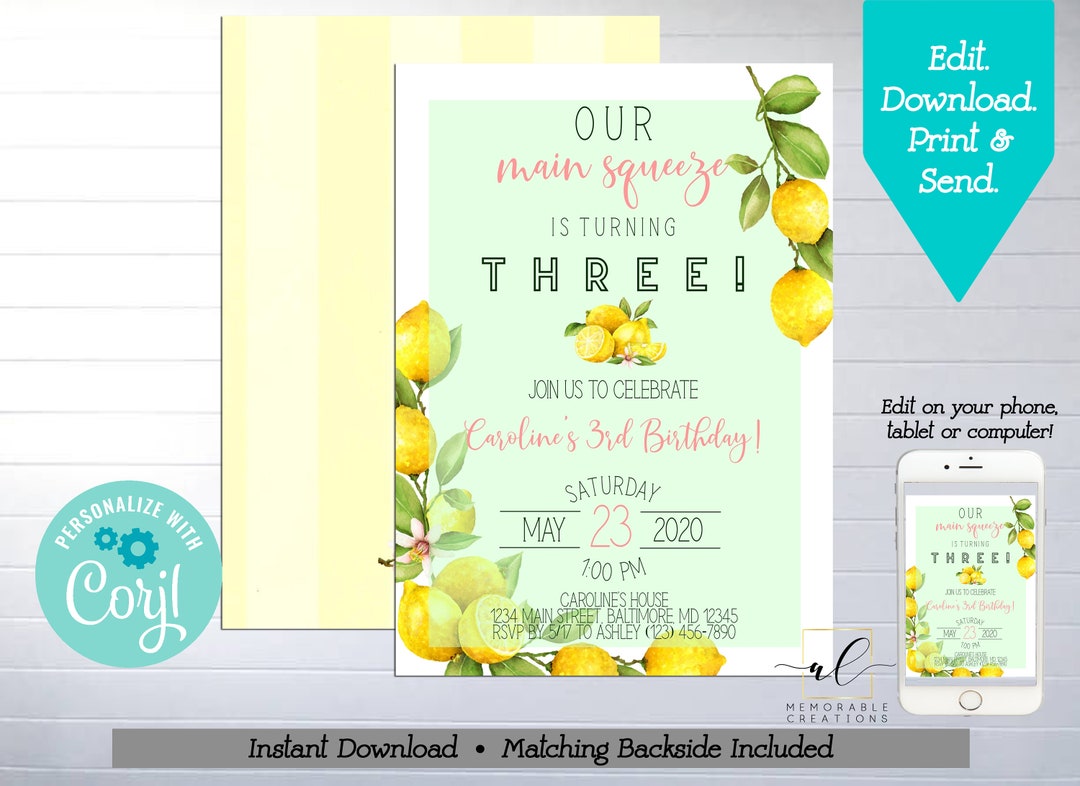 Lemon Birthday Printable Invitation, Edit Yourself Lemon Birthday ...